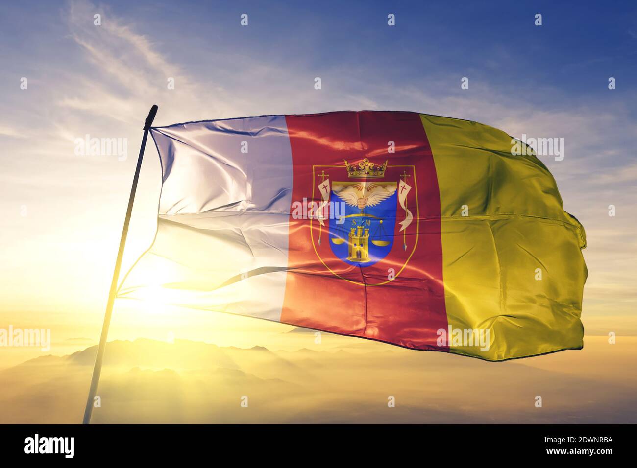 Piura of Peru flag waving on the top sunrise mist fog Stock Photo - Alamy