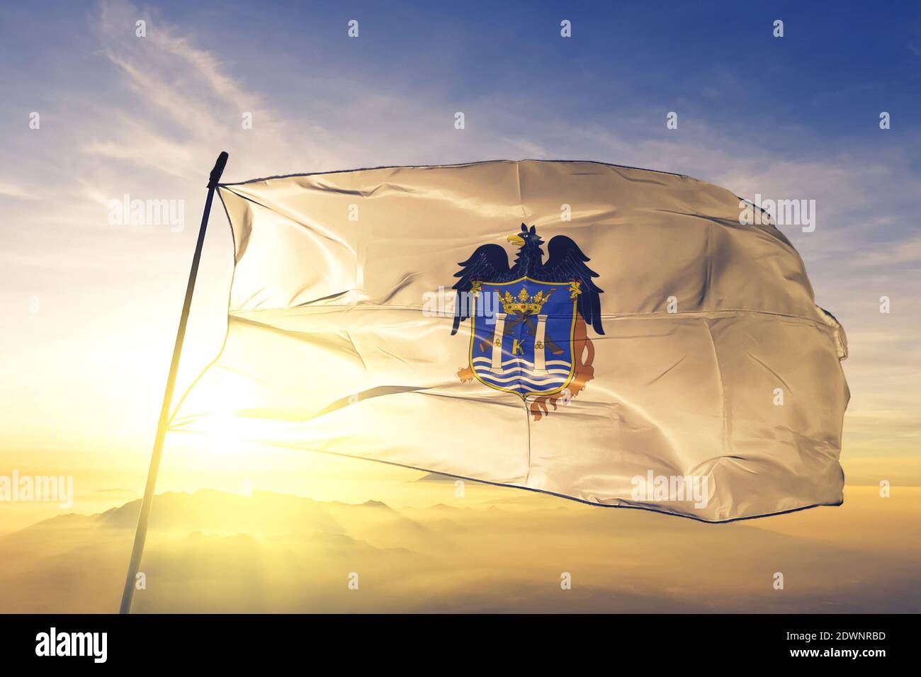 Trujillo of Peru flag waving on the top sunrise mist fog Stock Photo ...