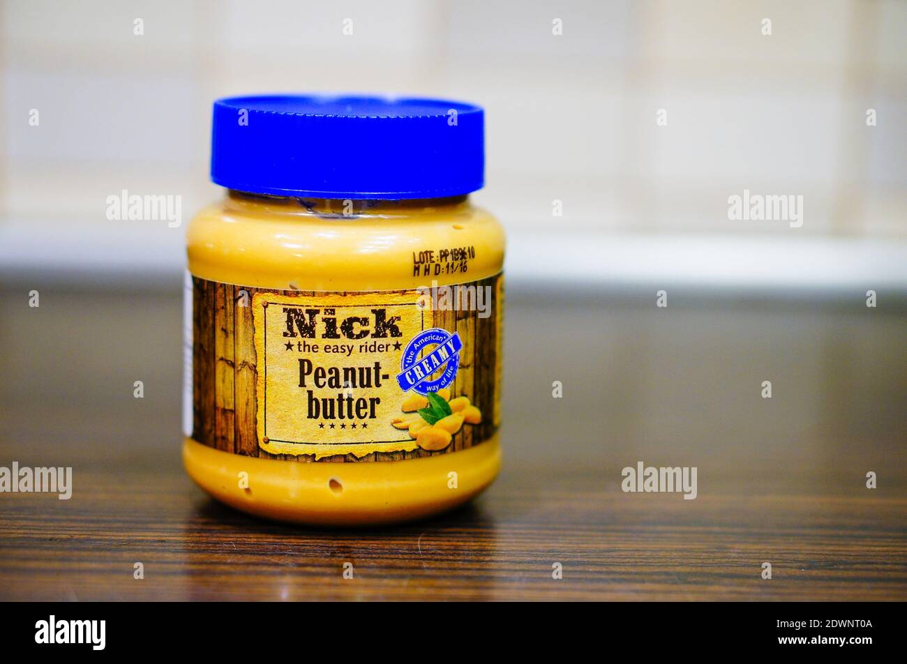 POZNAN, POLAND - Feb 26, 2016: Nick peanut butter in a plastic jar on ...