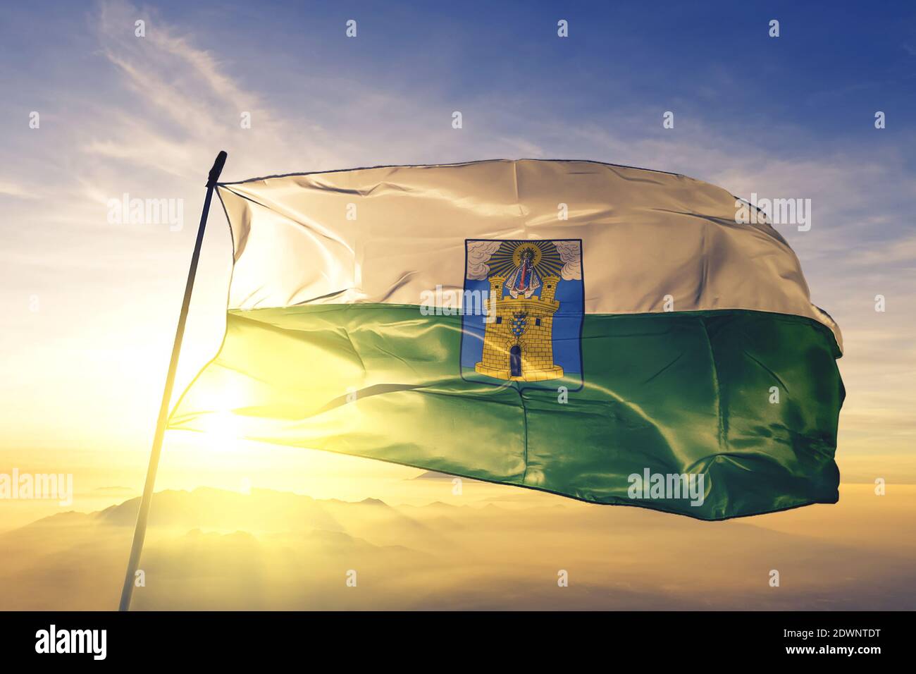 Medellin of Colombia flag waving on the top sunrise mist fog Stock ...