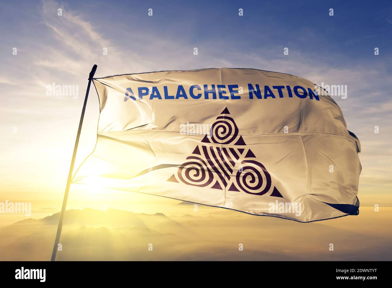 Apalachee Nation flag waving on the top sunrise mist fog Stock Photo ...