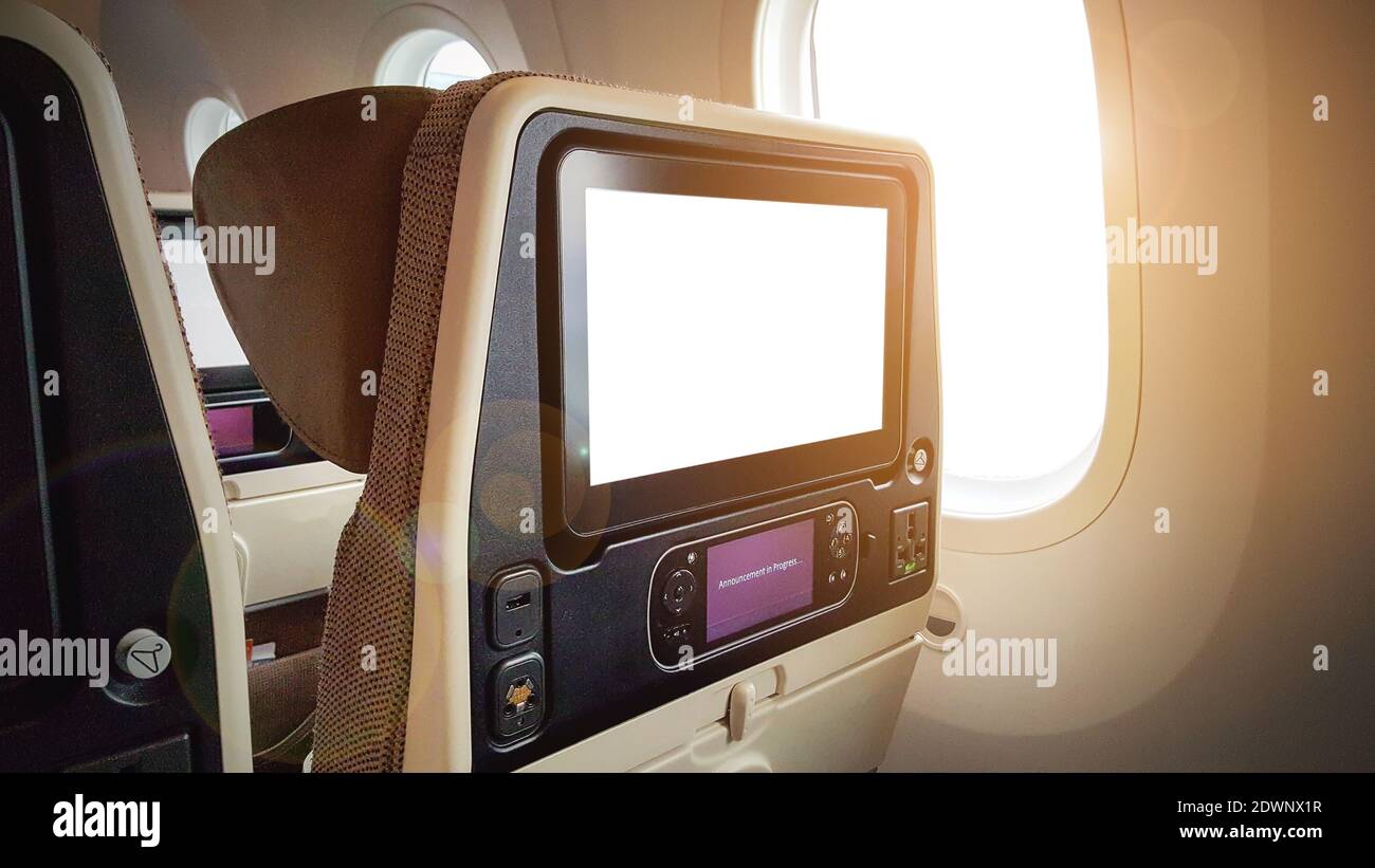 Closeup LCD rear seat on the plane technology for entertainment Stock ...