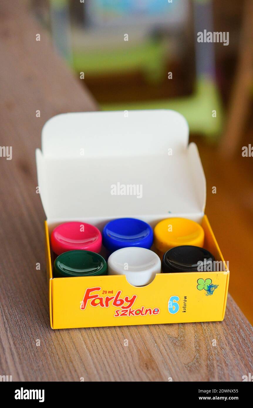 POZNAN, POLAND - Mar 07, 2016: Box with six water color containers on ...