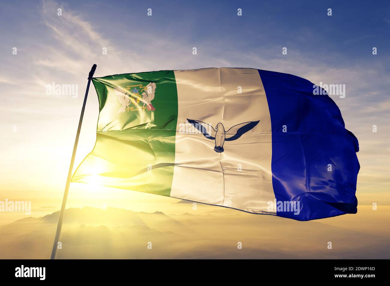 Principe Province flag waving on the top sunrise mist fog Stock Photo ...