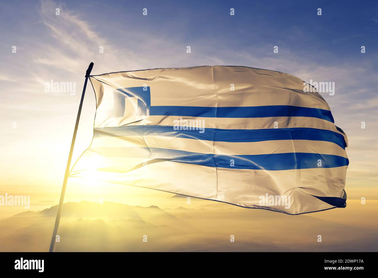 Podgorica capital city of Montenegro flag waving on the top sunrise ...