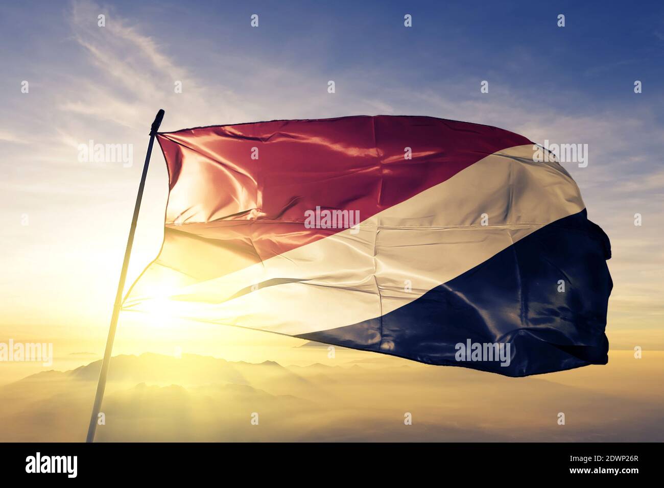 Sealand Principality flag waving on the top sunrise mist fog Stock ...