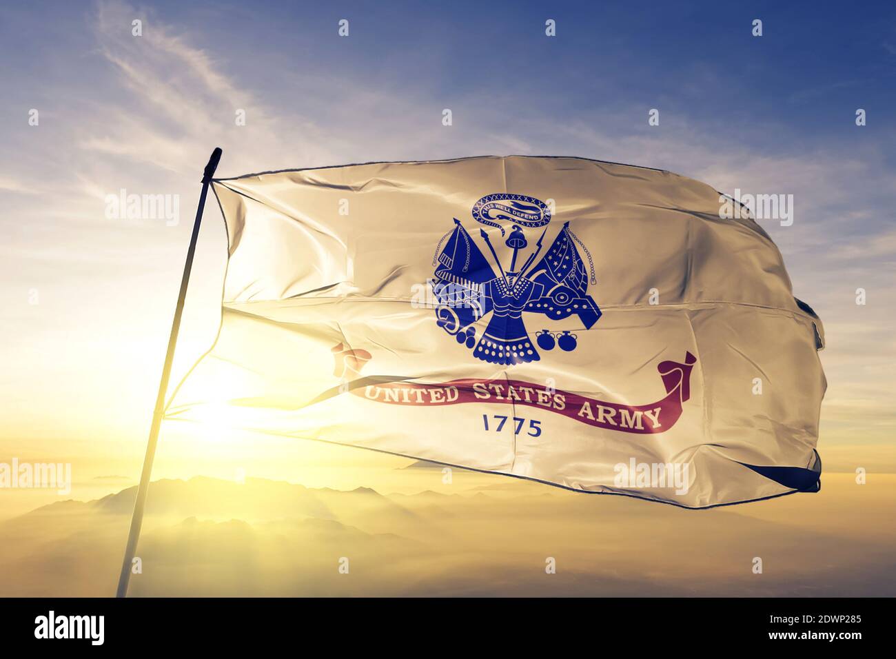 United States Army flag waving on the top sunrise mist fog Stock Photo ...