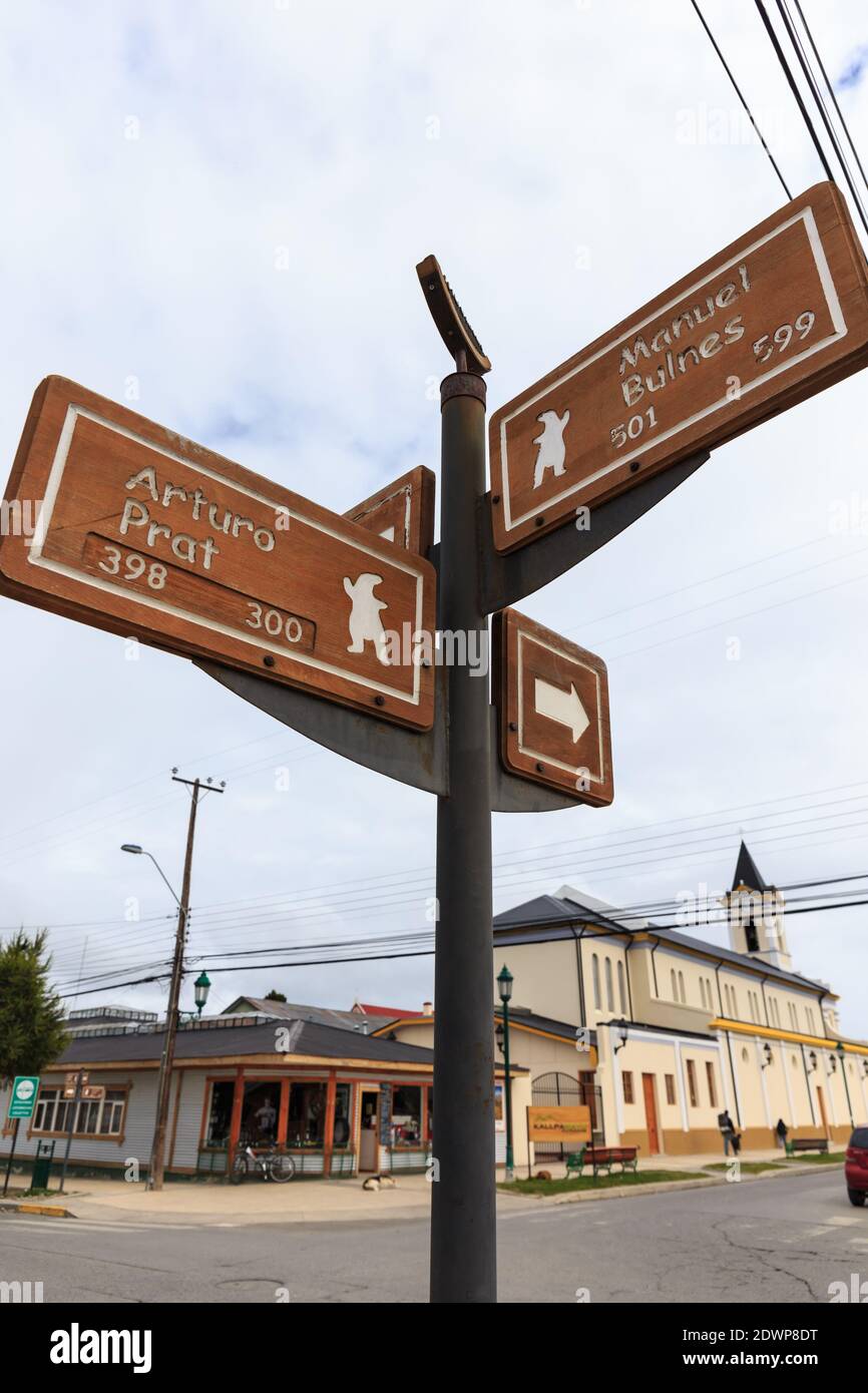 Street signs in the city of Puerto Natales, Patagonia, Chile Stock ...