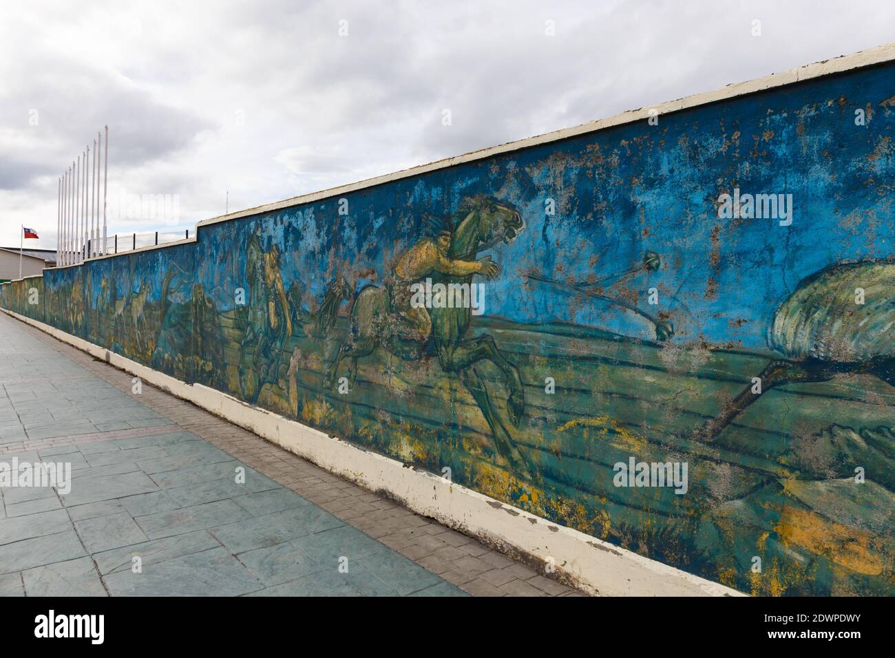 Street art, mural depicting hunting guanacos, Puerto Natales, Patagonia ...