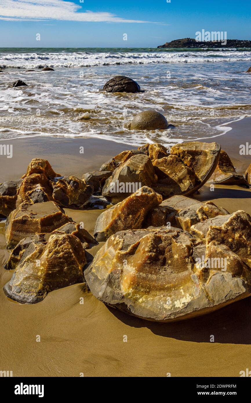 Geological calcite concretions known as the Moeraki Boulders, on ...