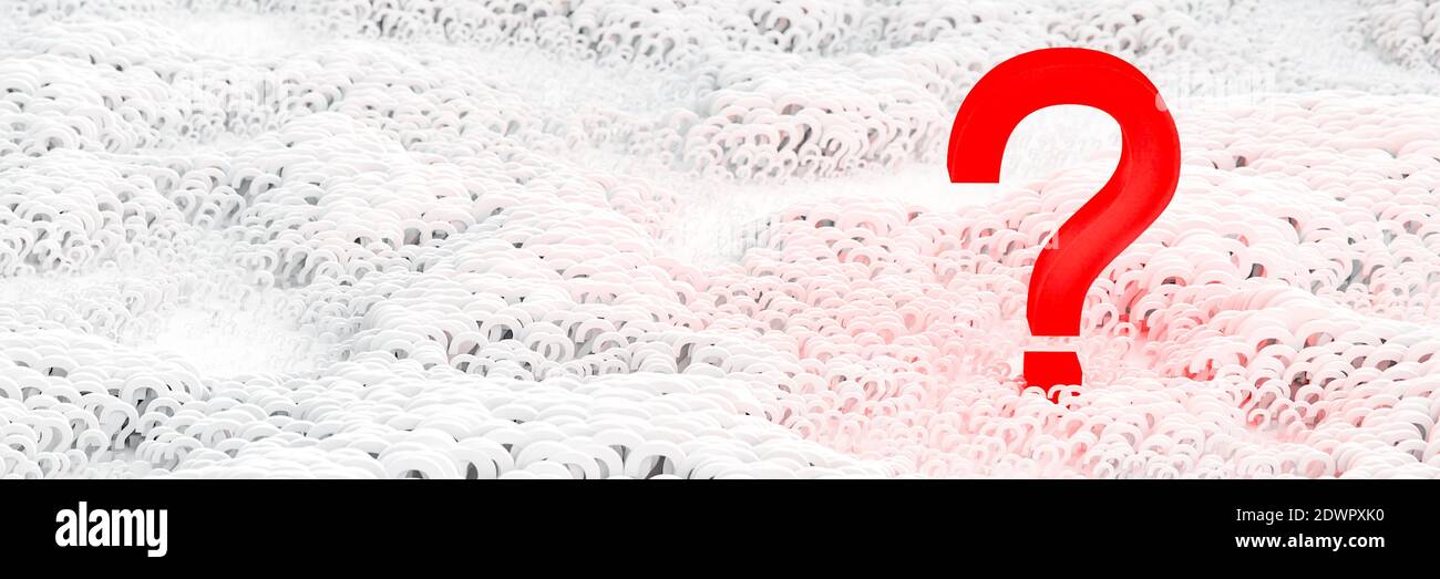 Red glowing question mark on a background of white signs. 3D Rendering ...