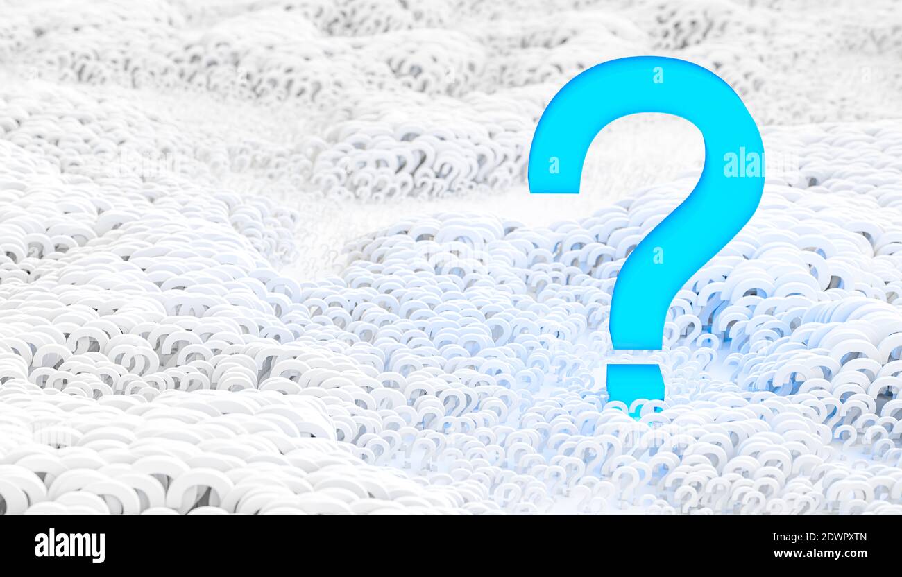 Blue glowing question mark on a background of white signs. 3D Rendering ...