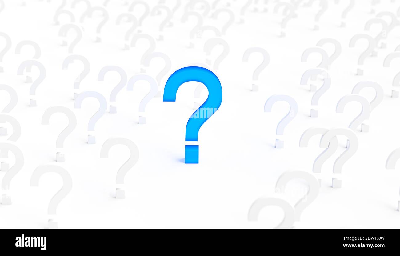 Blue glowing question mark on a background black and grey signs. 3D ...