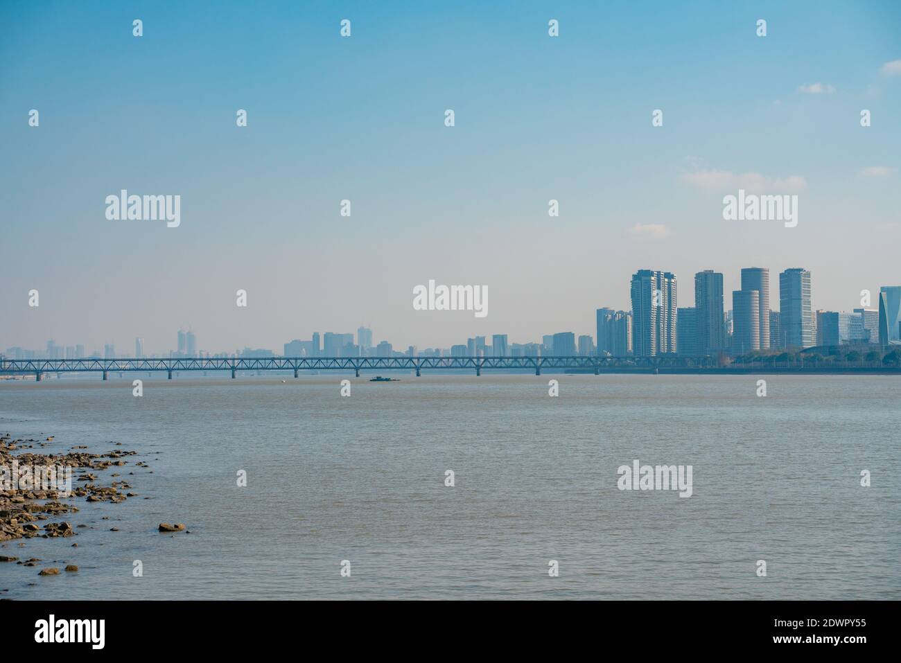 Qiantang river bridge and the skyline in Hangzhou, China Stock Photo ...