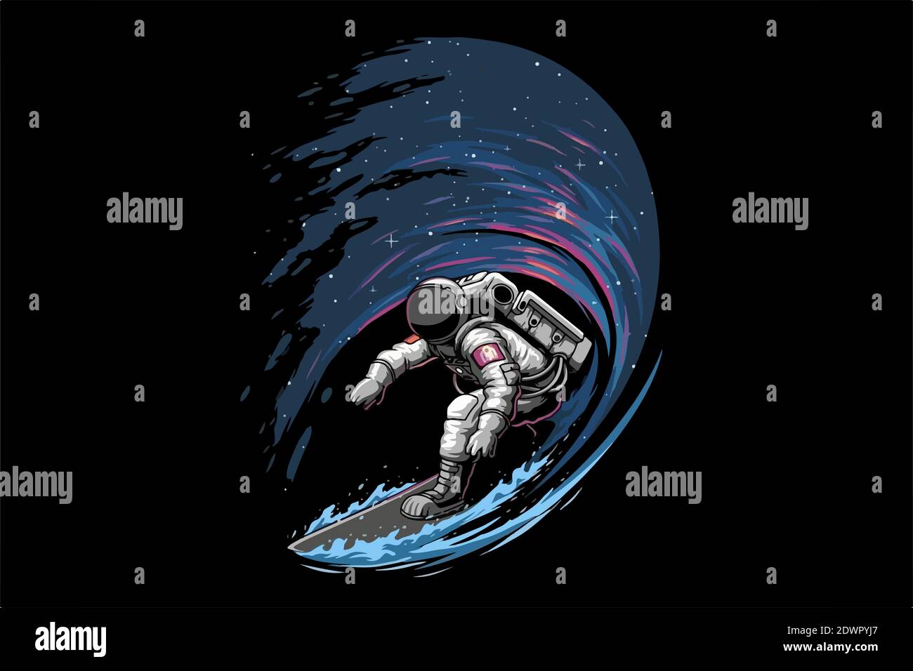 An illustration of an astronaut surfing in space on a dark background ...
