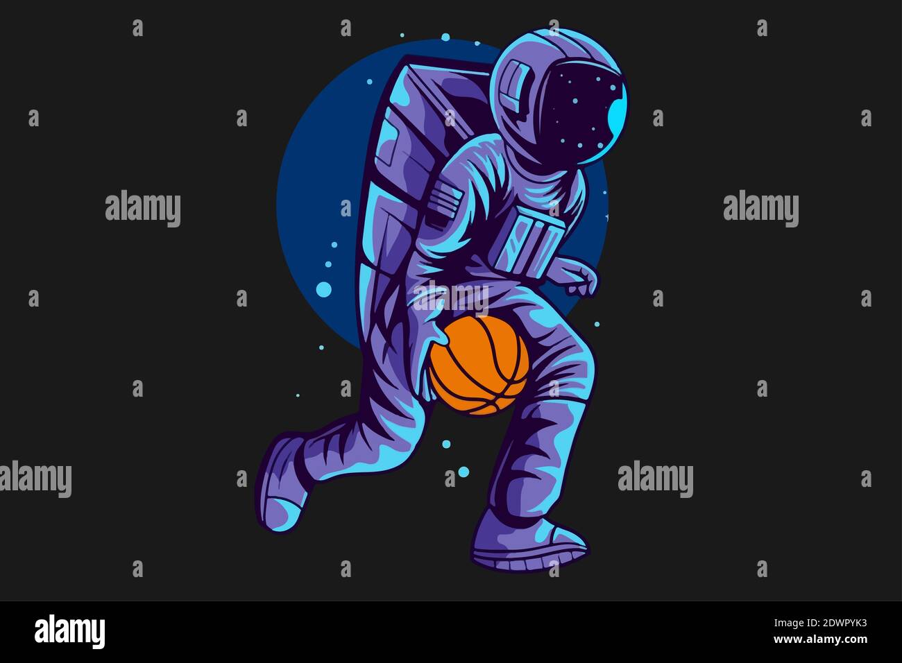 Illustration of an astronaut playing basketball in space on a dark ...