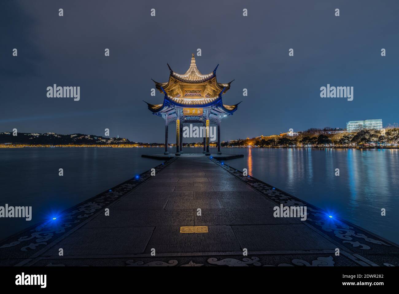 Night view of Jixian pavilion, the historic landmark in Hangzhou, China ...