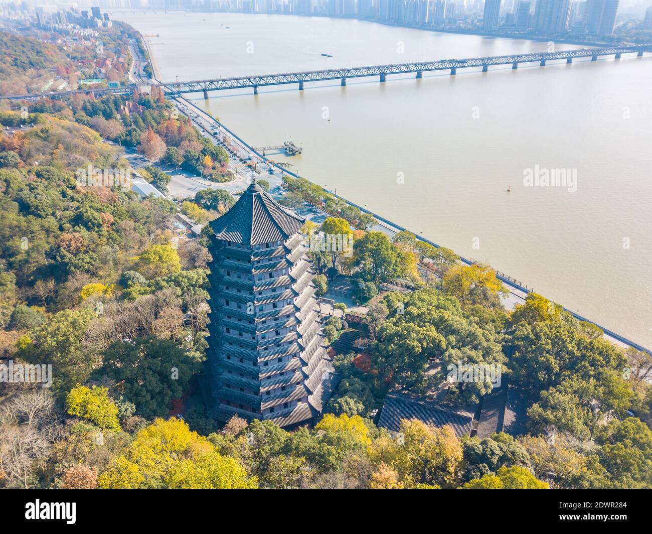 Liuhe pagoda tower, the historic landmark in hangzhou, China, aerial ...