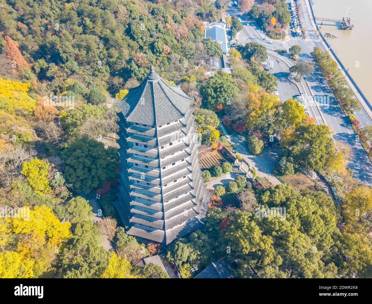 Liuhe pagoda tower, the historic landmark in hangzhou, China, aerial ...