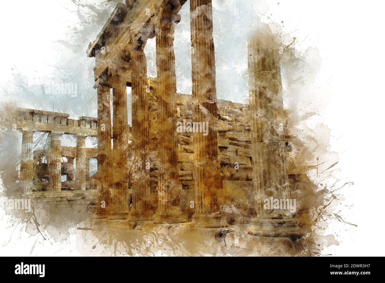 Watercolor illustration. Parthenon, famous landmark of Greece against ...