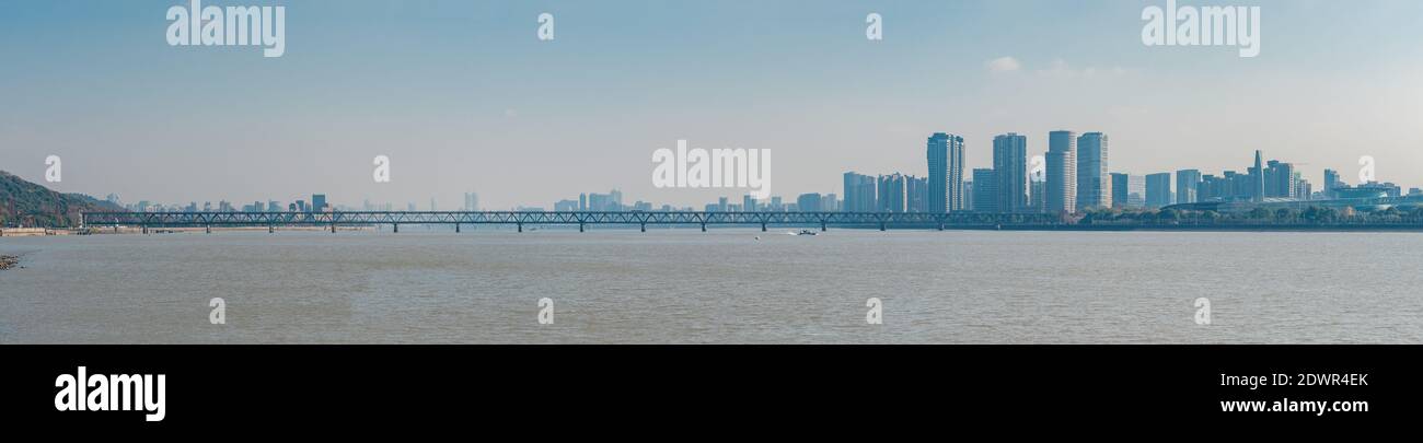 Qiantang river bridge and the skyline in Hangzhou, China Stock Photo ...