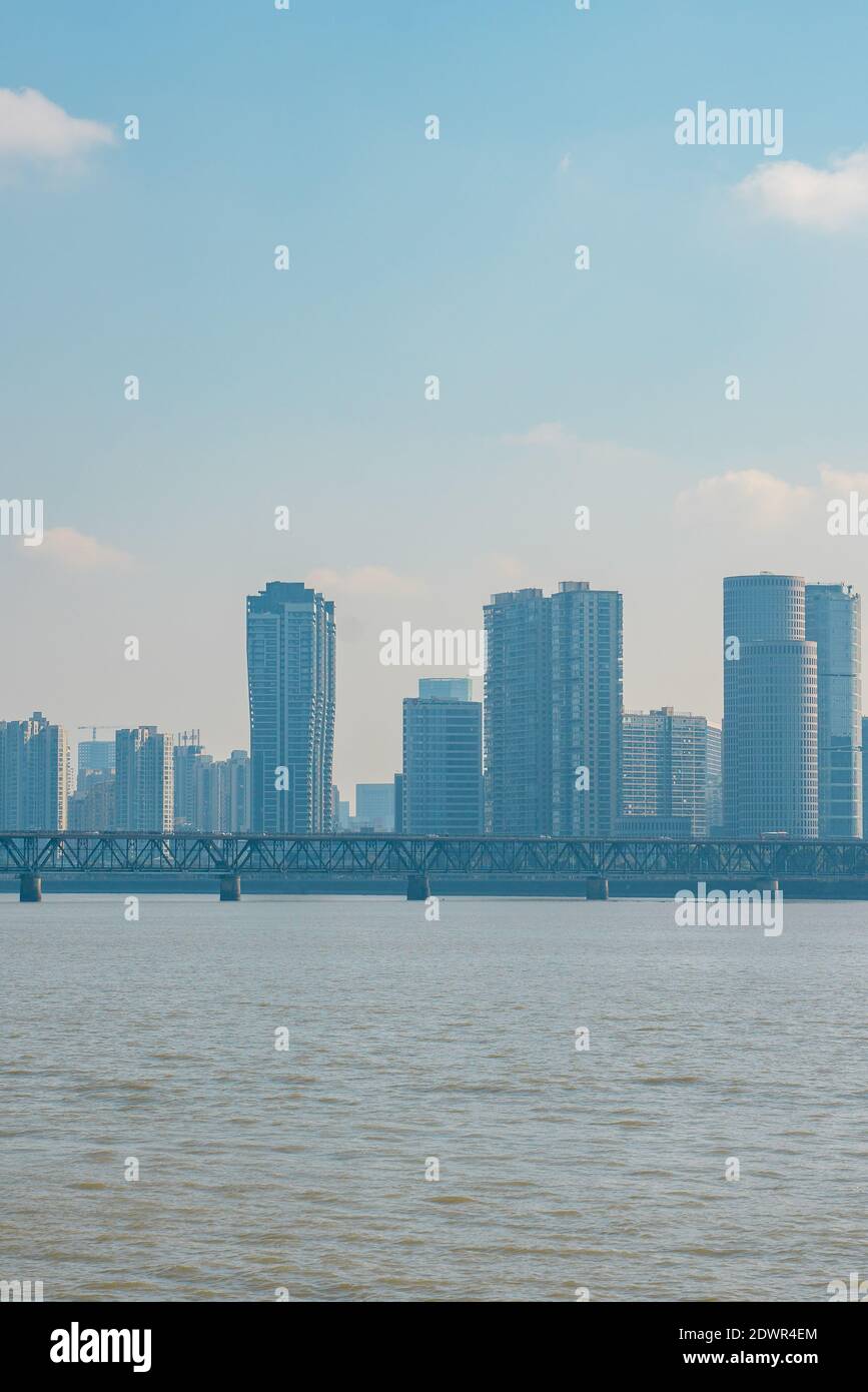 Qiantang river bridge and the skyline in Hangzhou, China Stock Photo ...