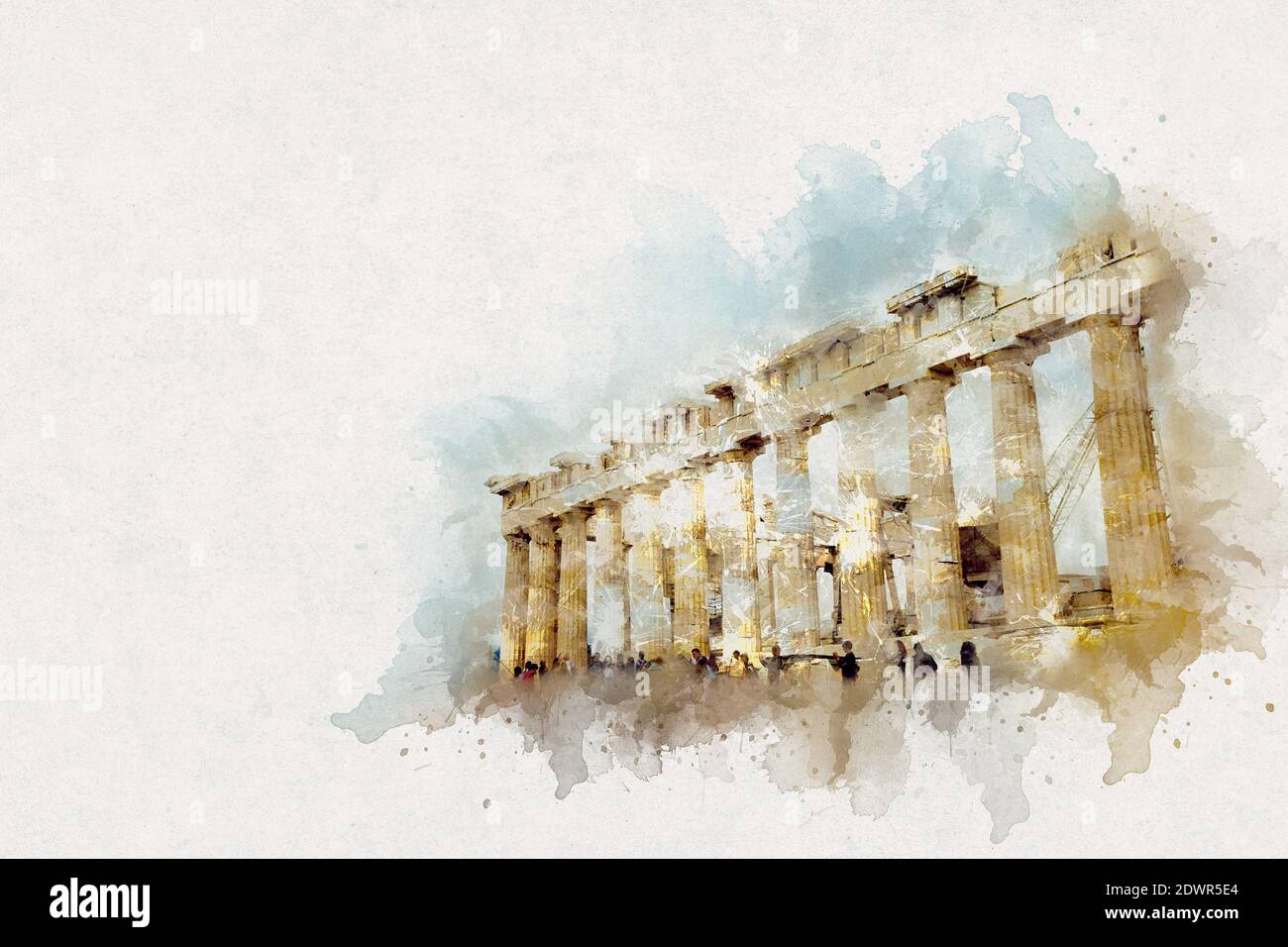 Watercolor illustration. Parthenon, famous landmark of Greece against ...