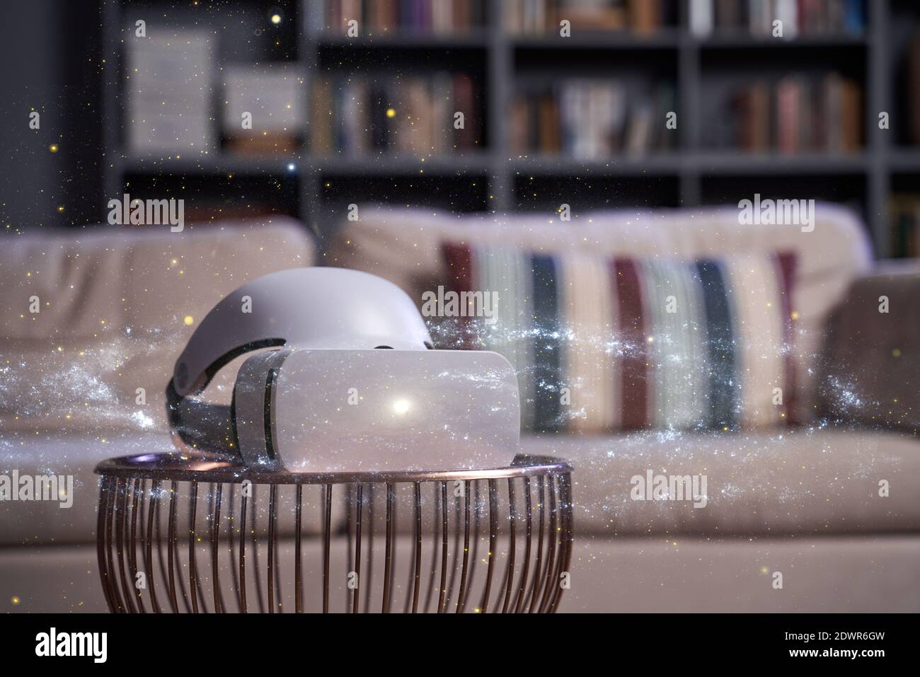 Virtual reality glasses on the table against the apartment on ...