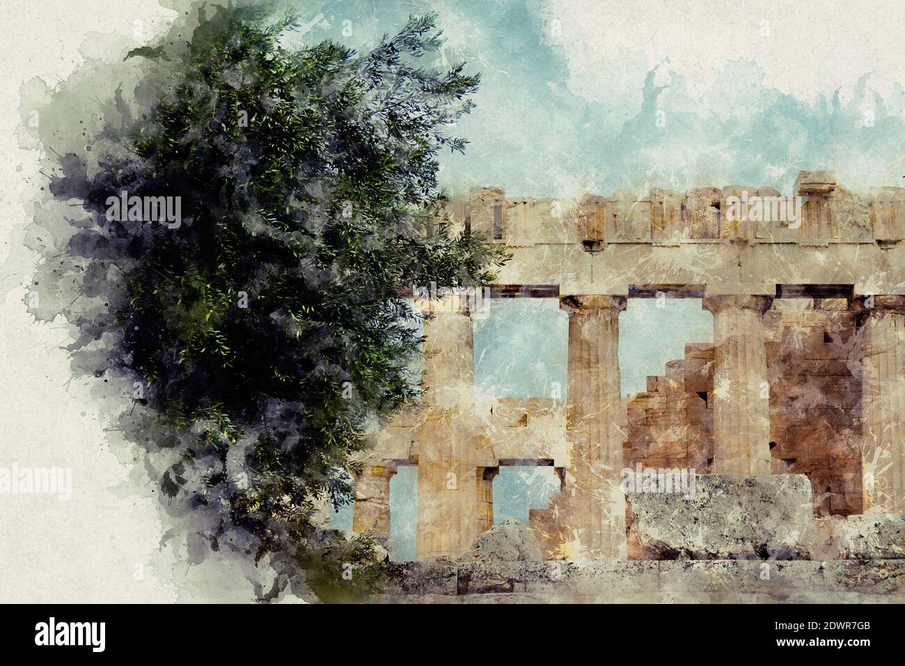 Watercolor illustration. Parthenon, famous landmark of Greece against ...
