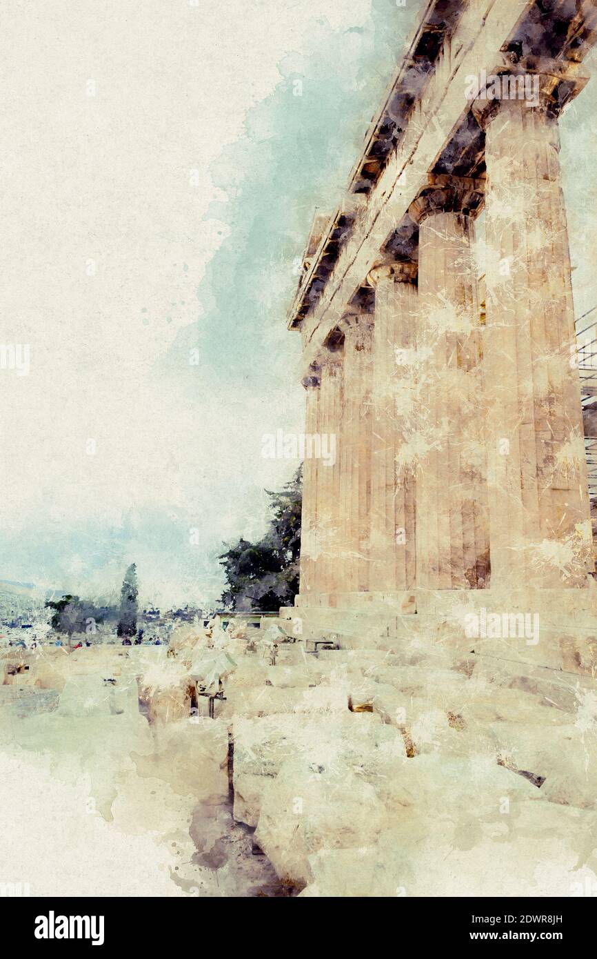 Watercolor illustration. Parthenon, famous landmark of Greece against ...