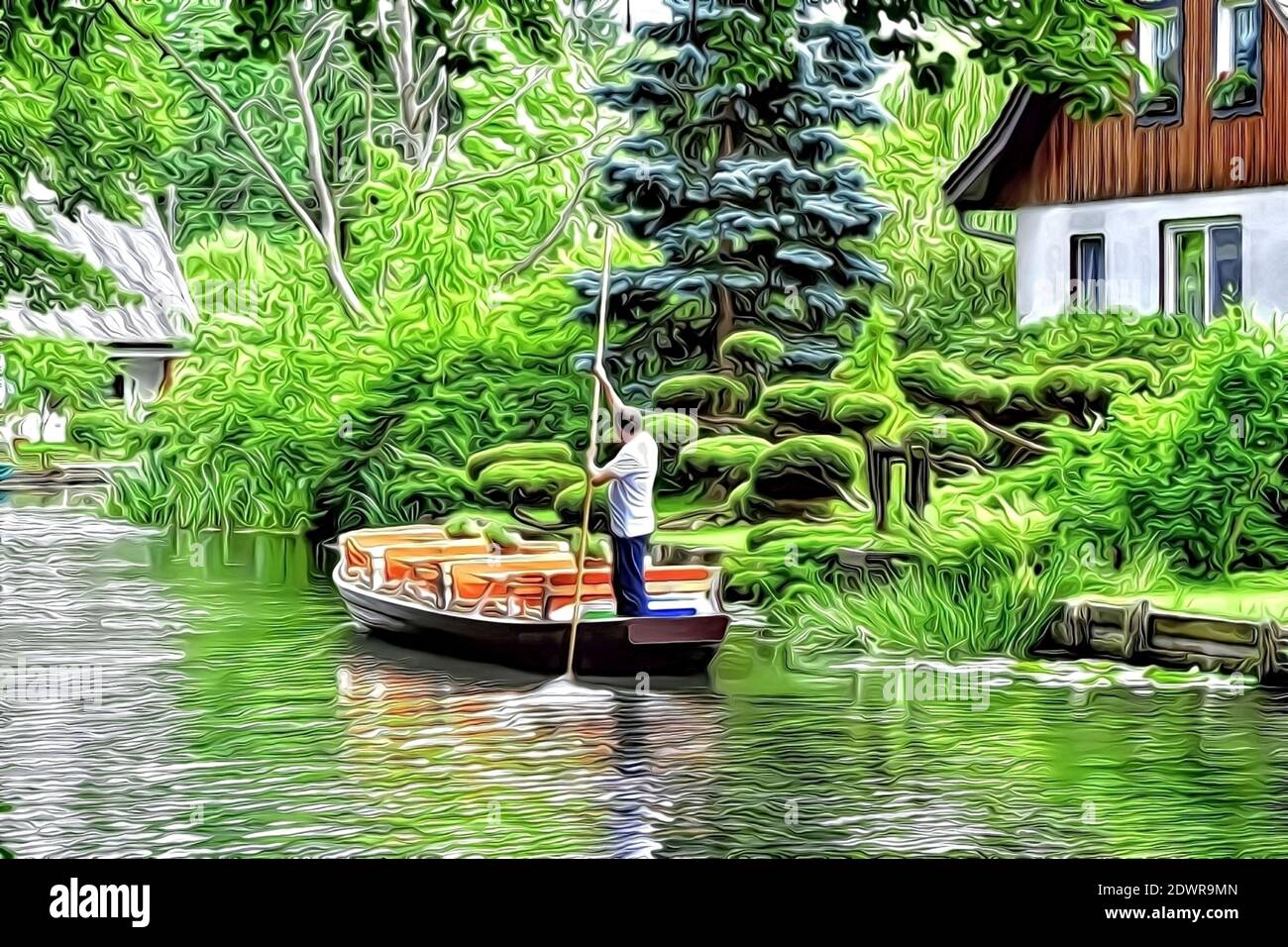 A bargeman with his empty passenger barge in Spree forest in Germany ...