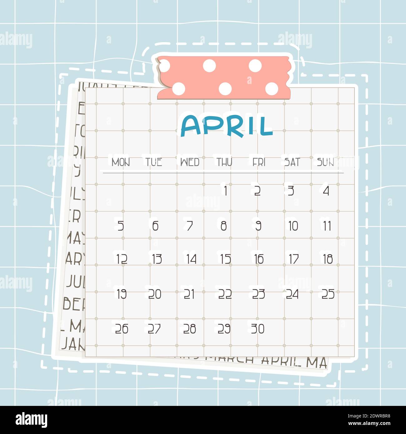Calendar for April 2021. Blue text on squared paper with dots. A piece ...
