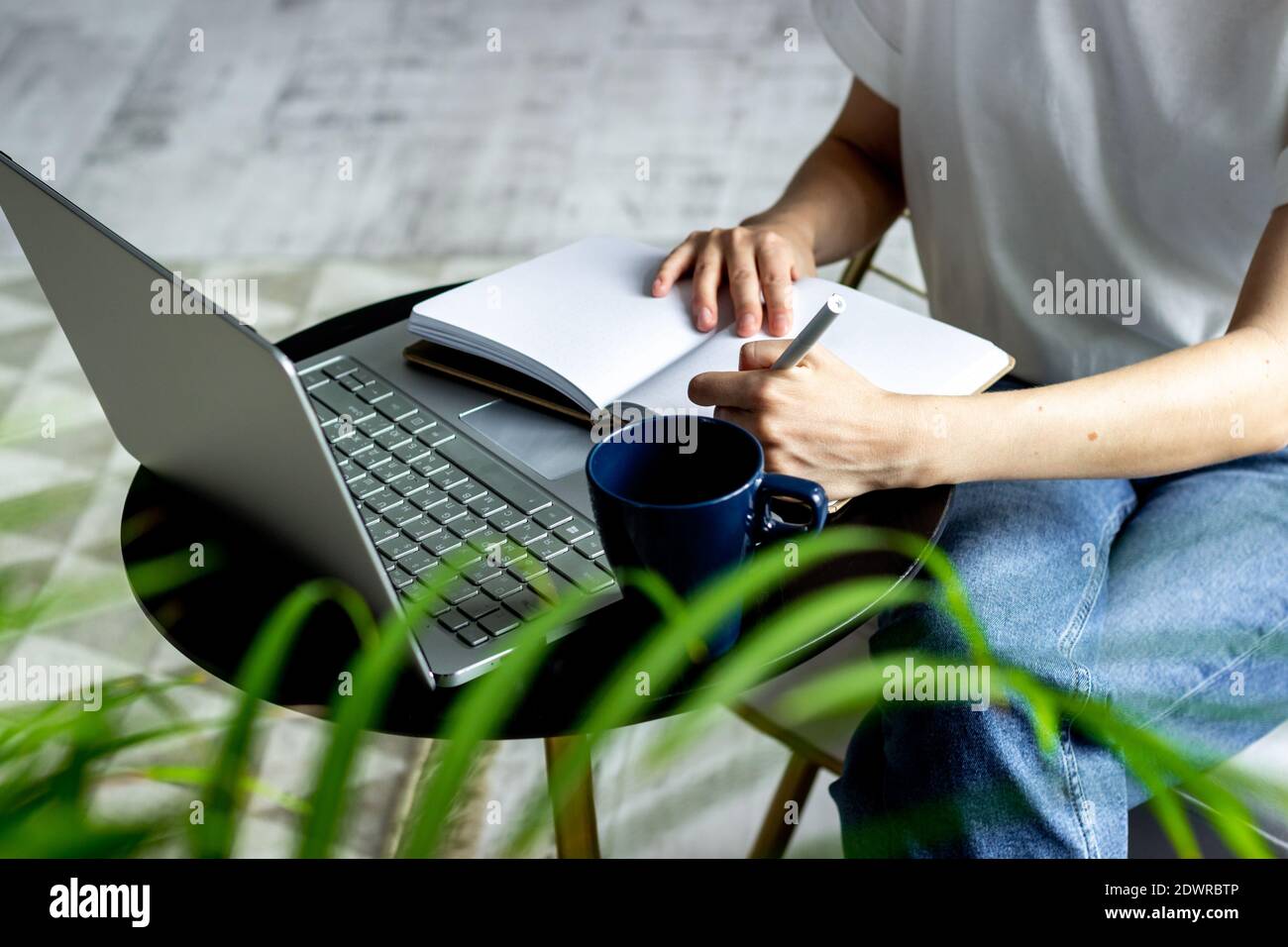 Woman working at home office - writing in notebook Stock Photo - Alamy