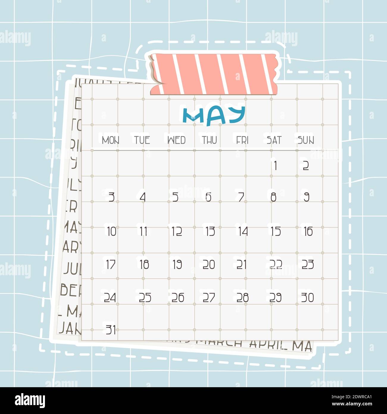 May 2021 month calendar. Blue text on squared paper with dots. A piece ...