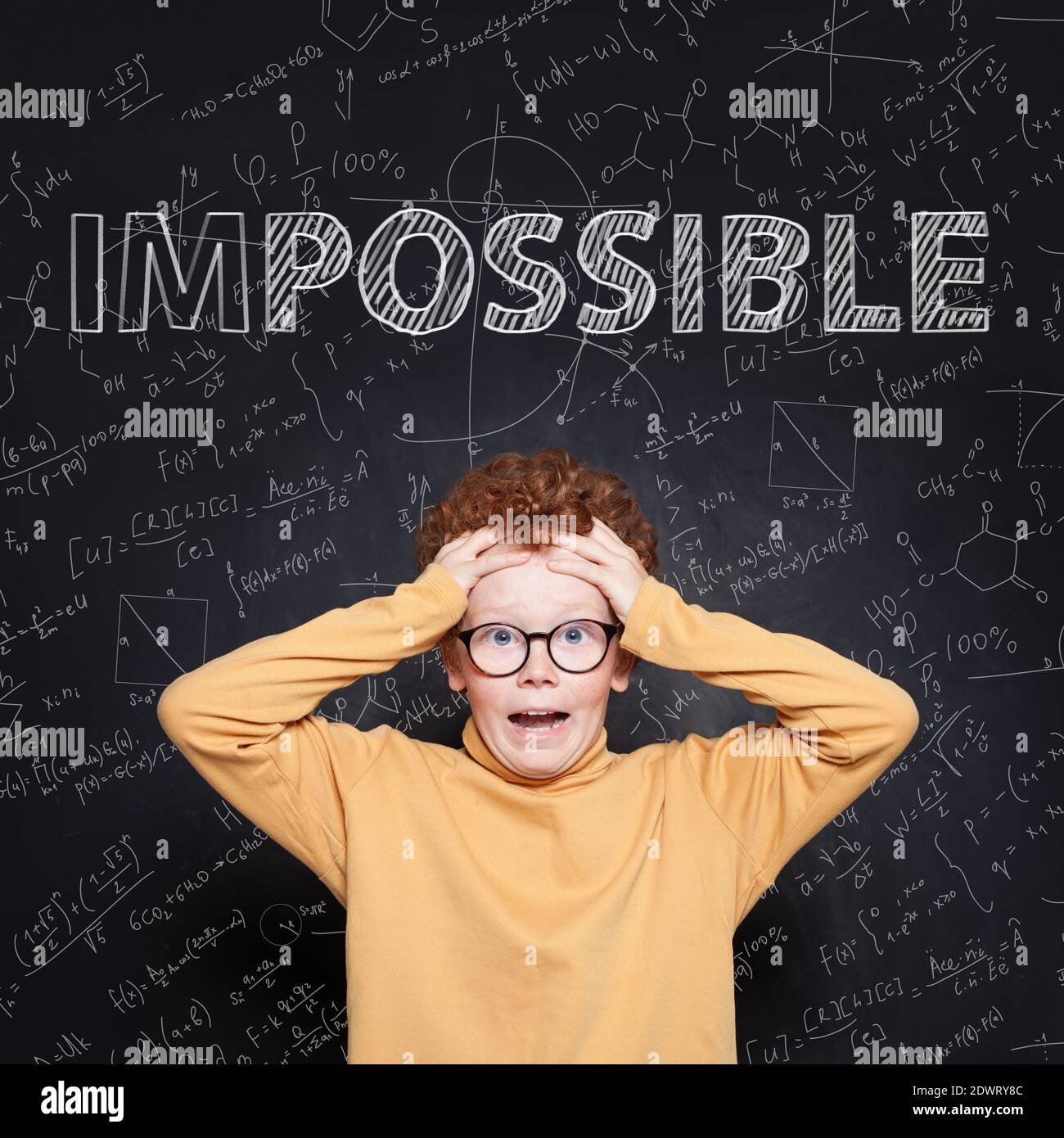Child and impossible concept on black background Stock Photo - Alamy