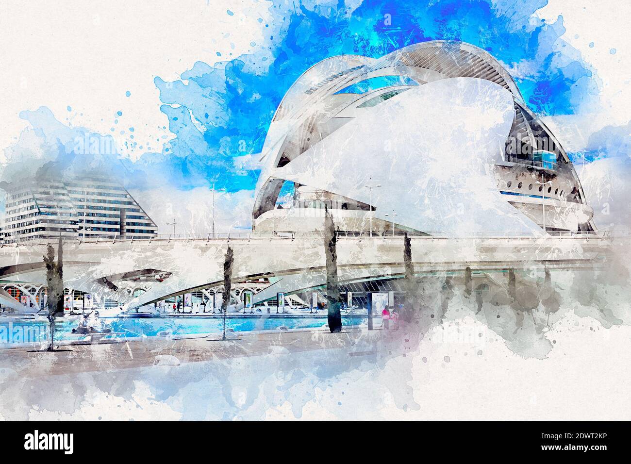 Watercolor drawing Valencia, Spain. View of the city of art and science ...