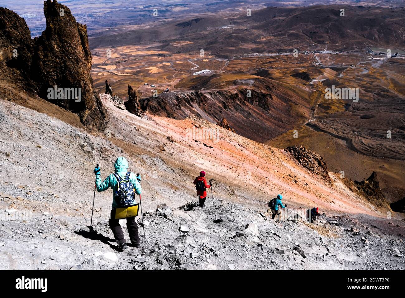 Tourists trekking on Erciac volcano in Turkey, view from top Stock ...