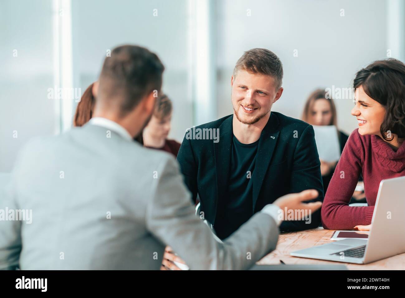 close up. serious group of employees discussing working issues Stock ...