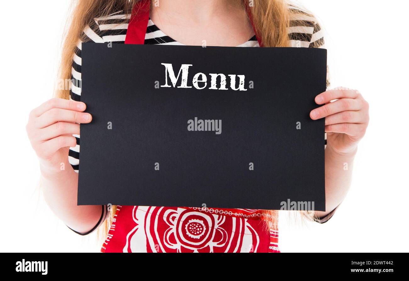 Close up view of horizontal black sheet with menu heading with copy ...