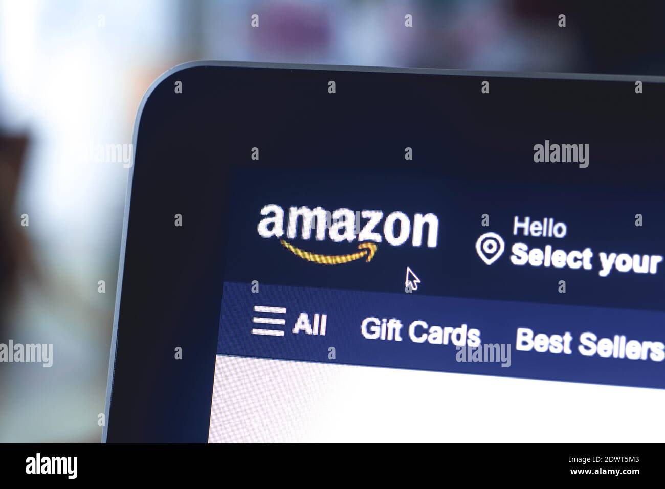 Amazon logo on a computer screen. Home page of the Internet resource ...
