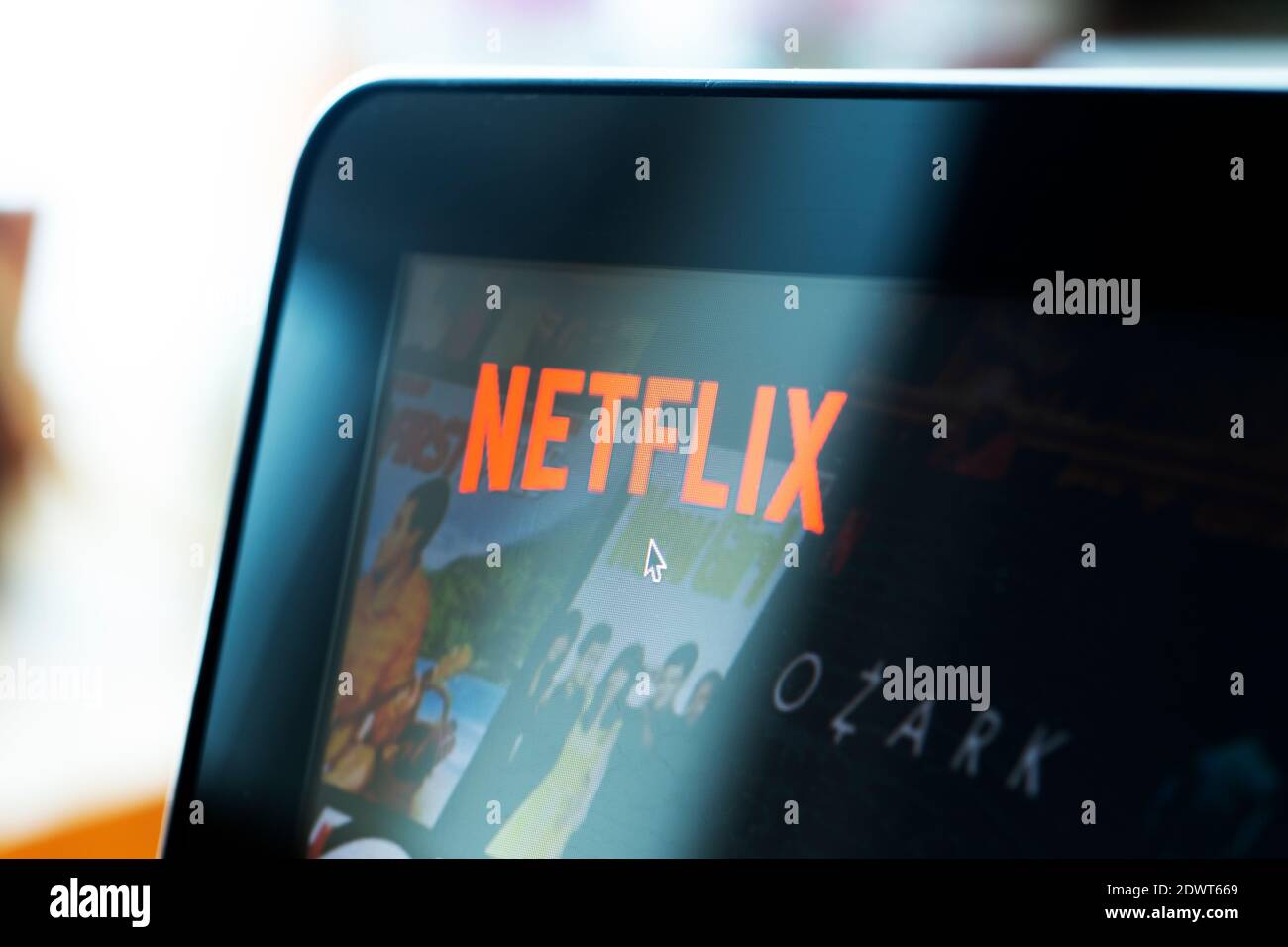 Netflix logo on a computer screen. Home page of the Internet resource ...