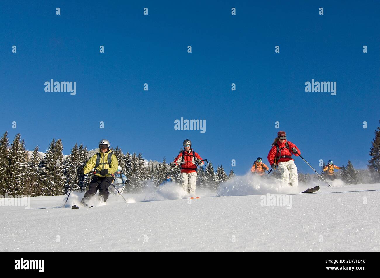 A group of skiers enjoying the perfect powder conditions Stock Photo ...