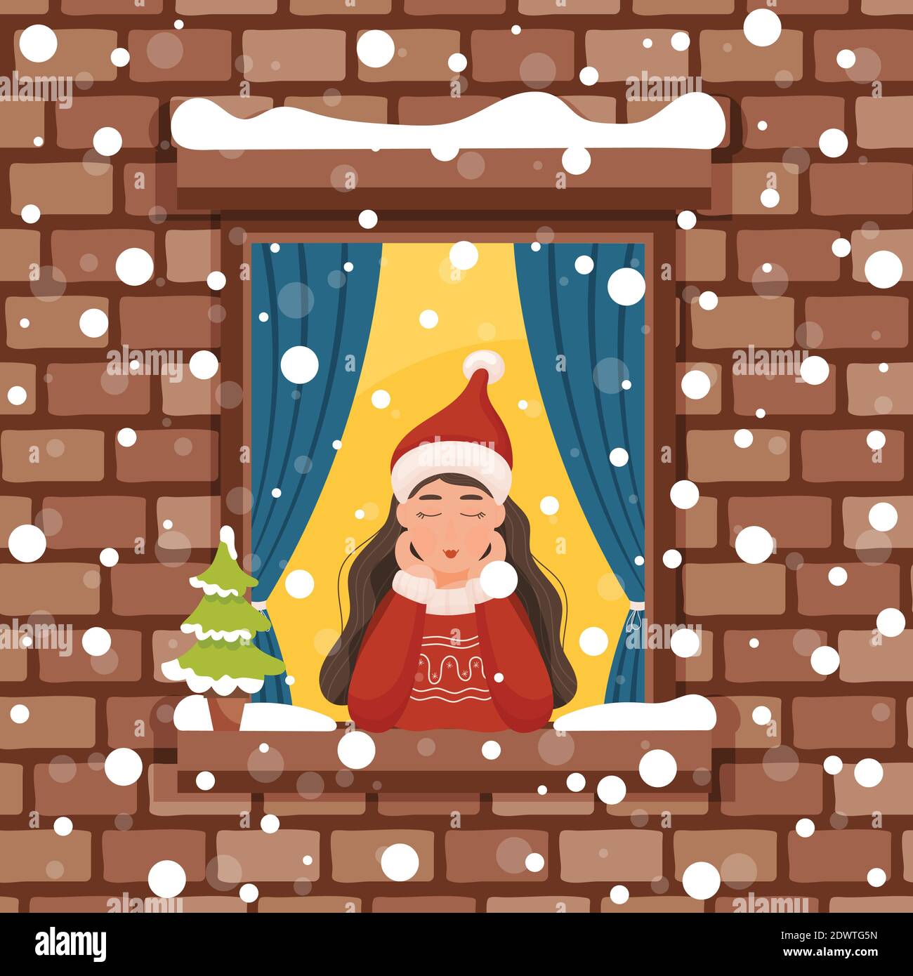 Girl looking from the window. Winter scene. Vector illustration Stock ...
