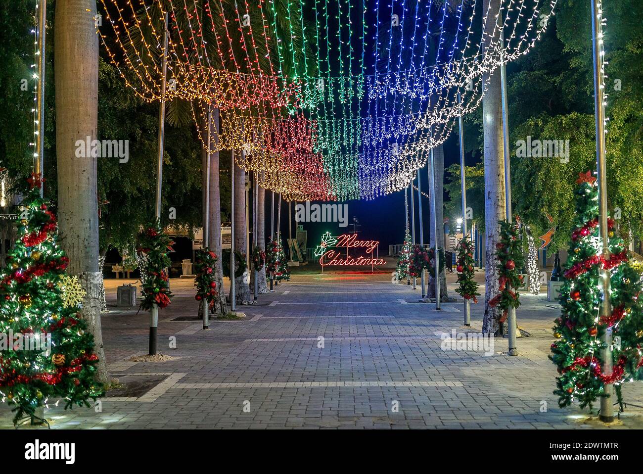 Colorful christmas light decorations on the eve of christmas day on the ...