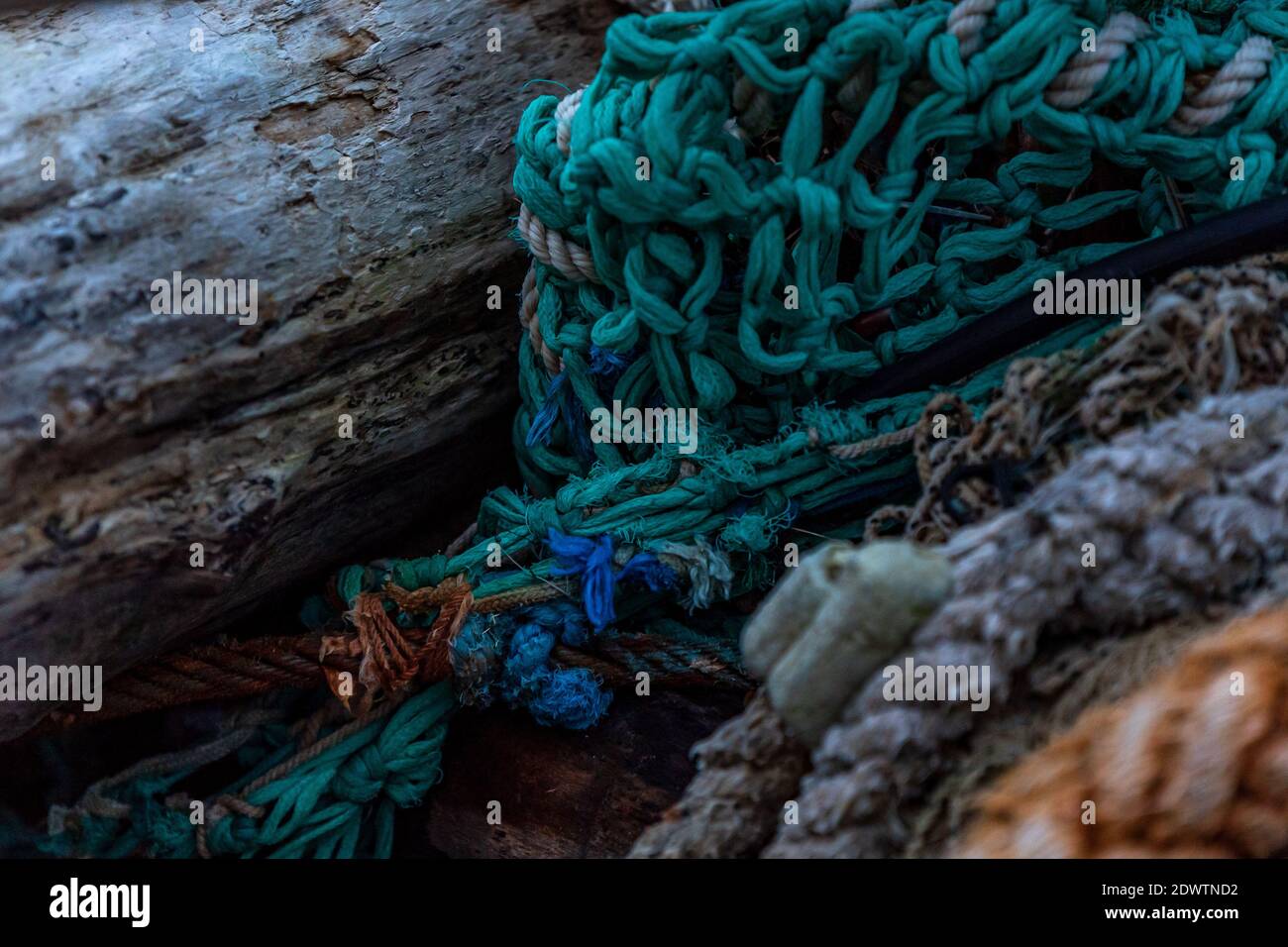 fishing nets washed up by the sea and a piece of rope entangled all ...