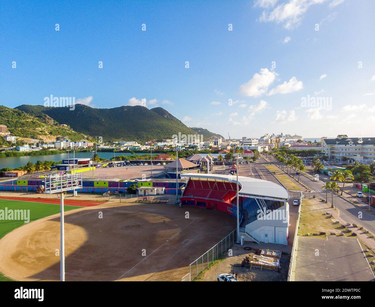Aerial view of little league stadium on pond island st.maarten. Little ...