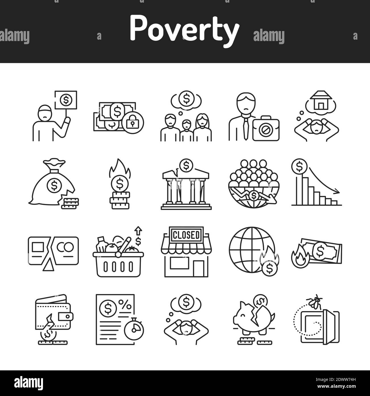 Poverty color line icons set. Pictograms for web page, mobile app ...