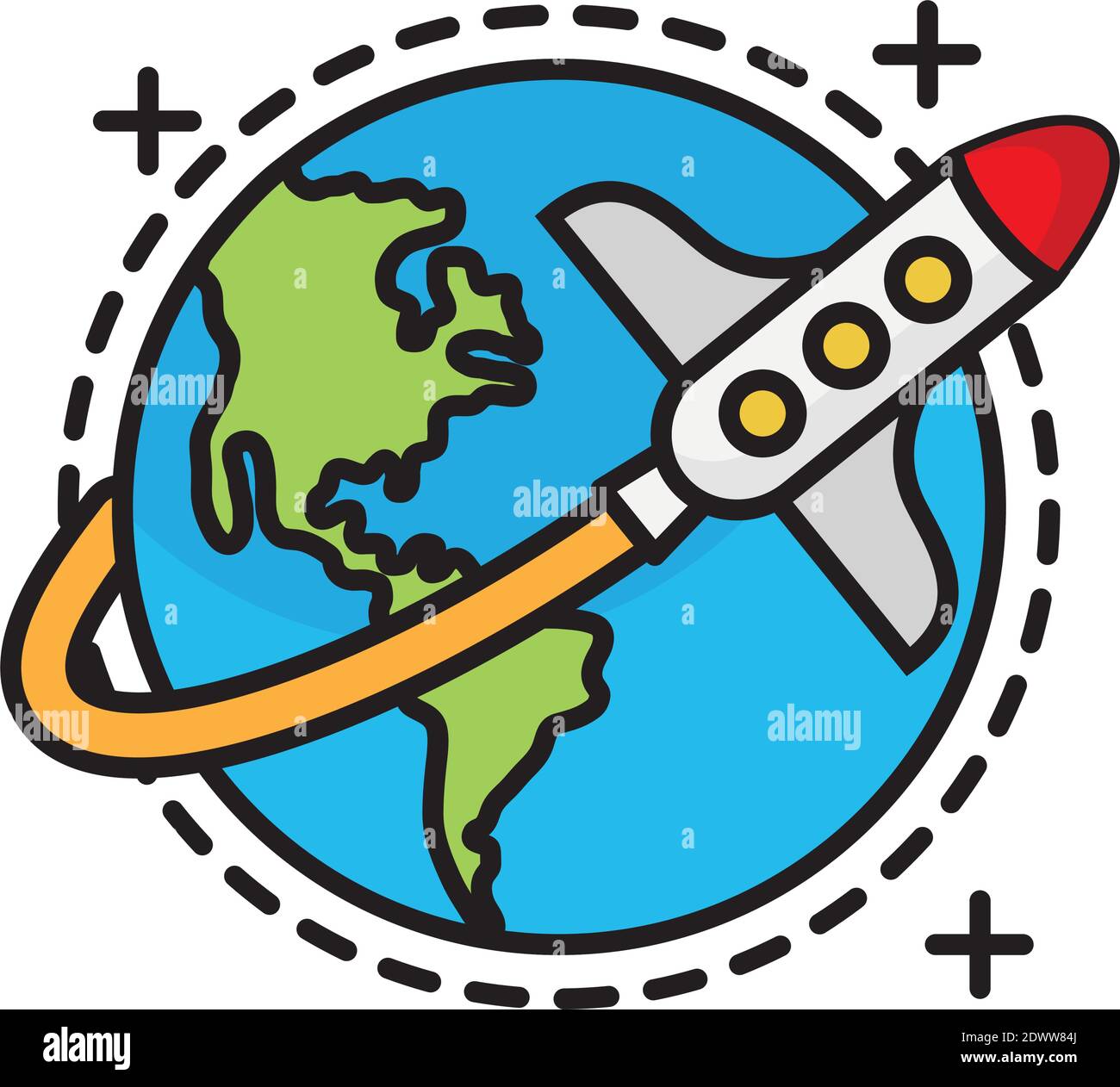 world planet with rocket flying line and fill style icon Stock Vector ...