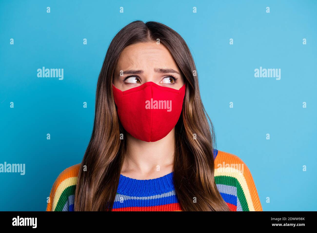 Closeup photo headshot of sad crying girl wearing fabric mask to ...