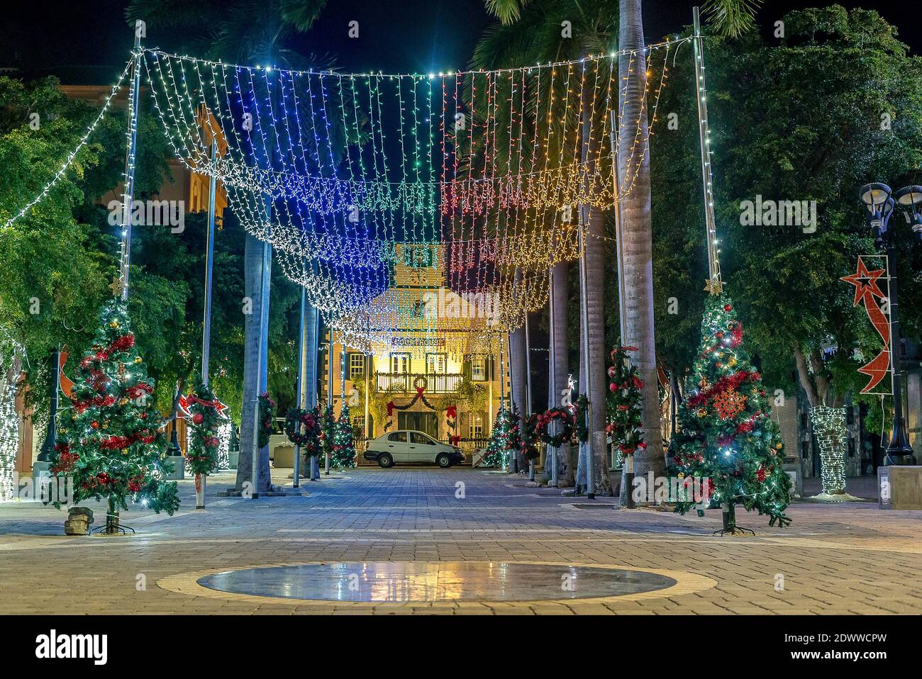 Colorful christmas light decorations on the eve of christmas day on the ...